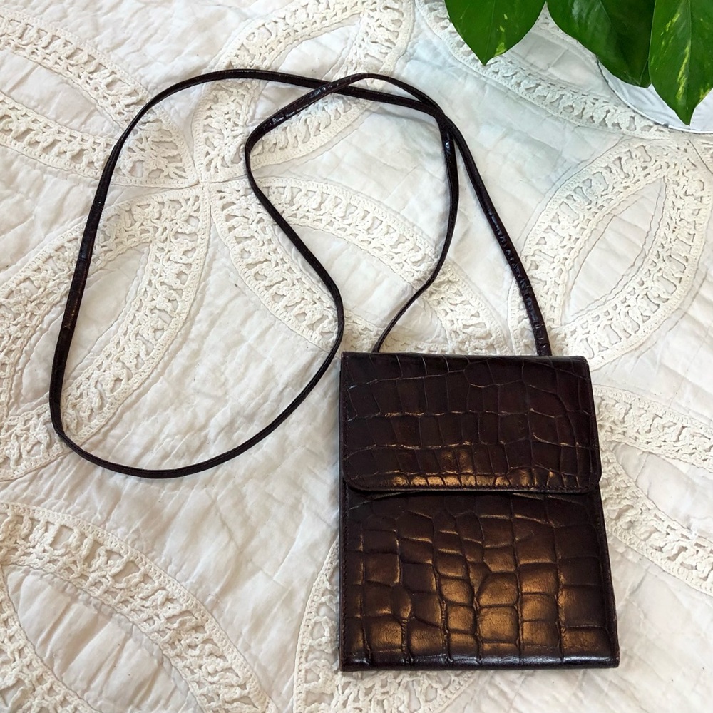 Vintage Brown Croc Leather Crossbody Mini Bag - Gem